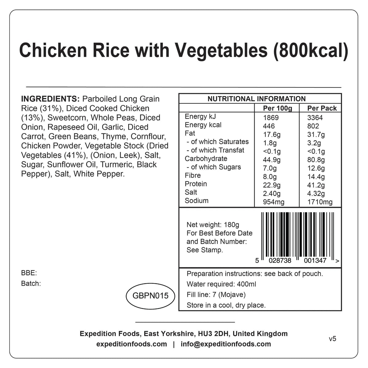EXPEDITION FOODS Chicken Rice with Vegetables (800 kcal) [Dairy Free ...